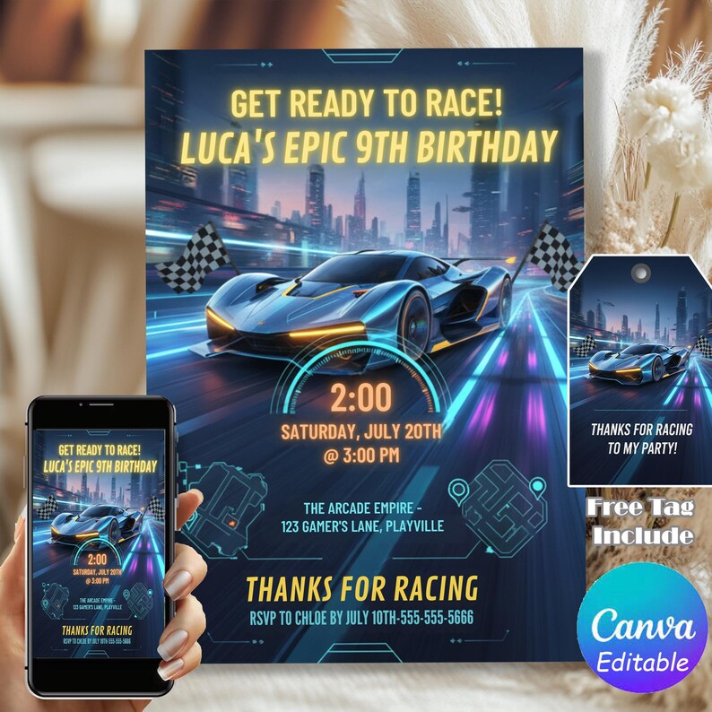 Editable Race Car Birthday Invitation, Neon Grand Prix Party Template ...