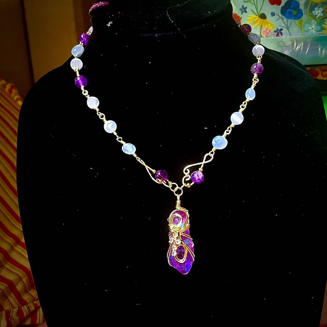 Whimsical Wire Wrapped Quartz Point Necklace - Blue & Pink Crystal ...
