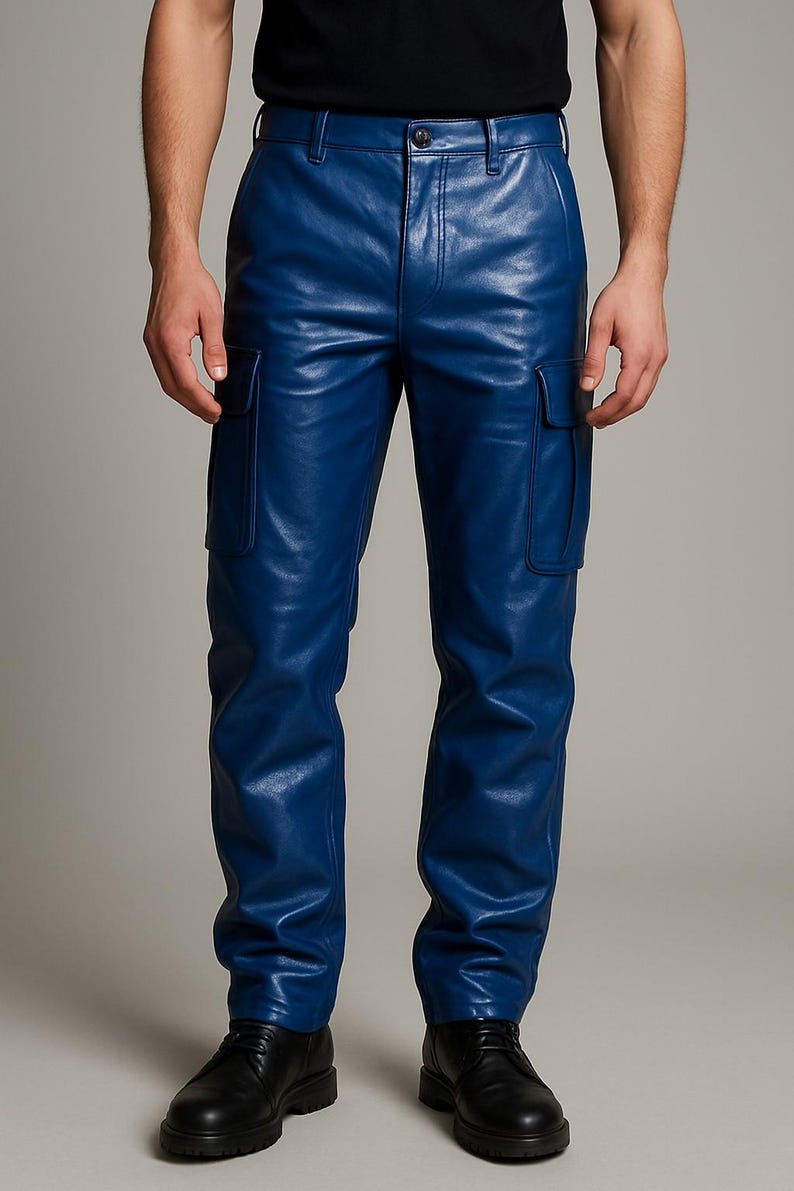 Men's Blue Distressed Leather Cargo Pants, Handmade Cargo Trousers, 4 ...