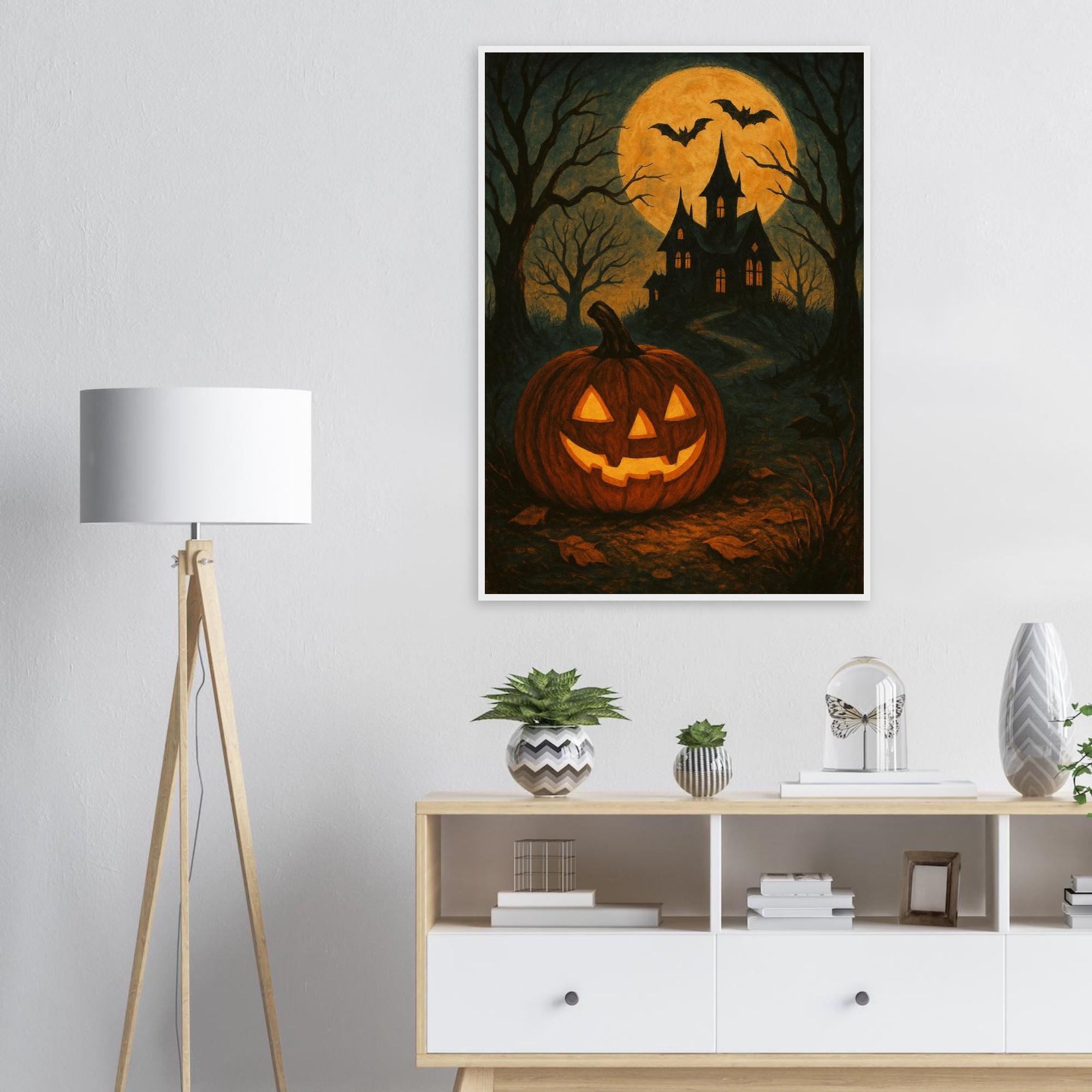 Halloween Pumpkin Poster: Haunted House, Bats, Full Moon (framed) - Etsy
