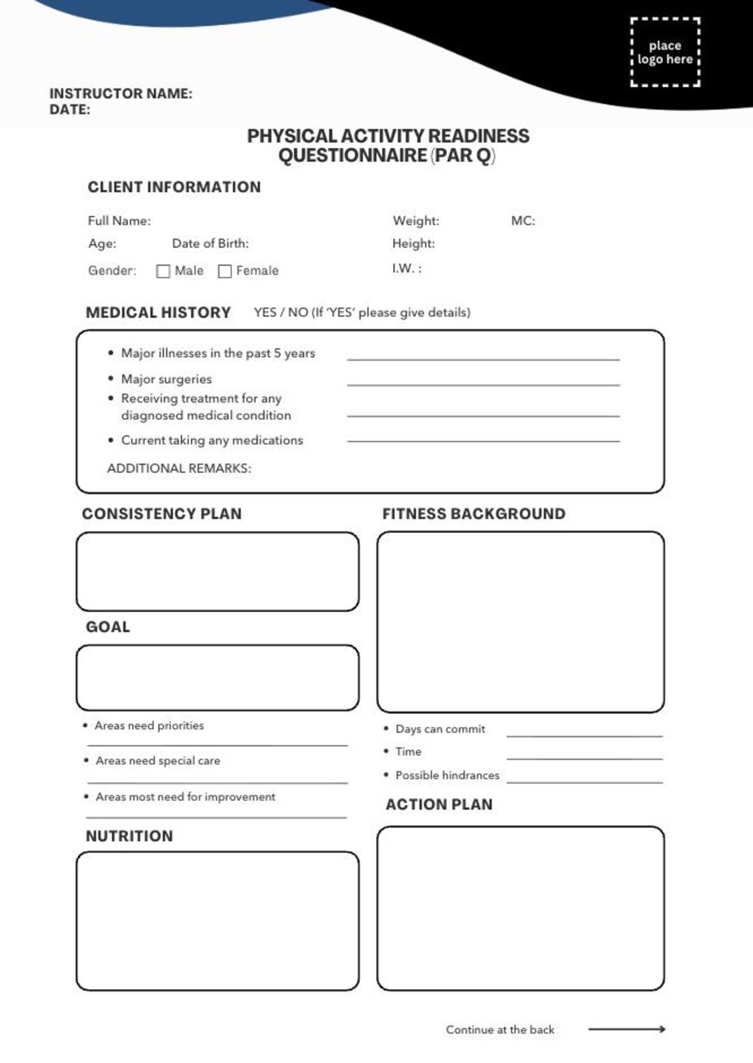 PAR-Q Form Canva Template - Editable Gym Intake & Fitness Assessment ...