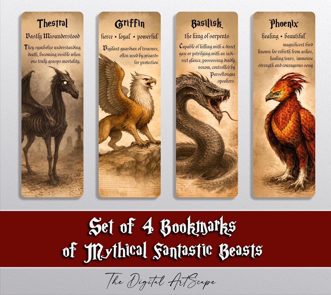 Mythical Creatures Printable Bookmarks Set of 4, Fantasy Wizarding ...