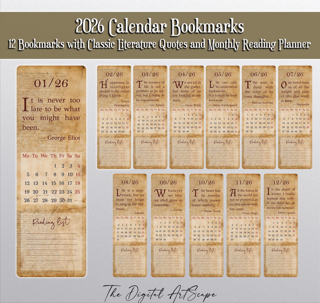 Printable 2026 Calendar and Reading Planner Bookmarks With Classic ...