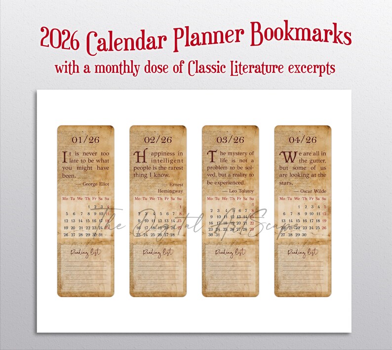 Printable 2026 Calendar and Reading Planner Bookmarks With Classic ...