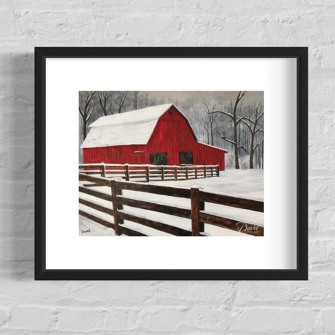 Red Hay Barn in Winter Giclée Art Print - Winter Art Print From ...