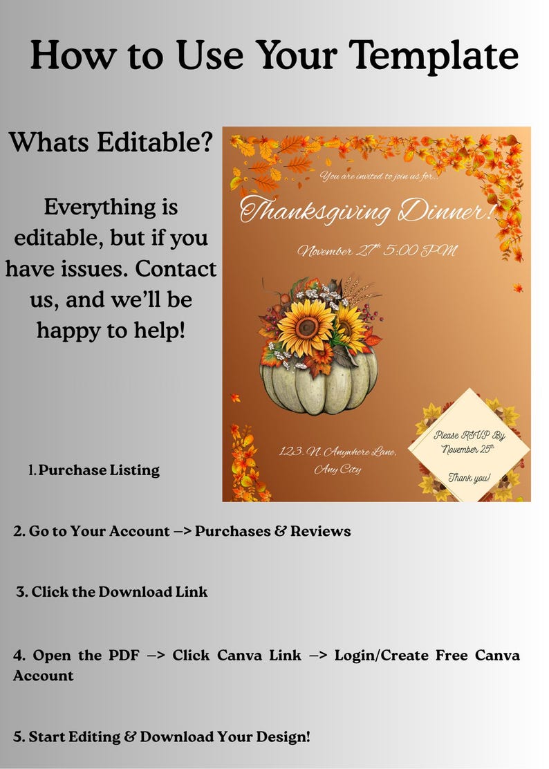 Thanksgiving Dinner Fall Theme Pumpkin Leaves Printable Editable Canva ...