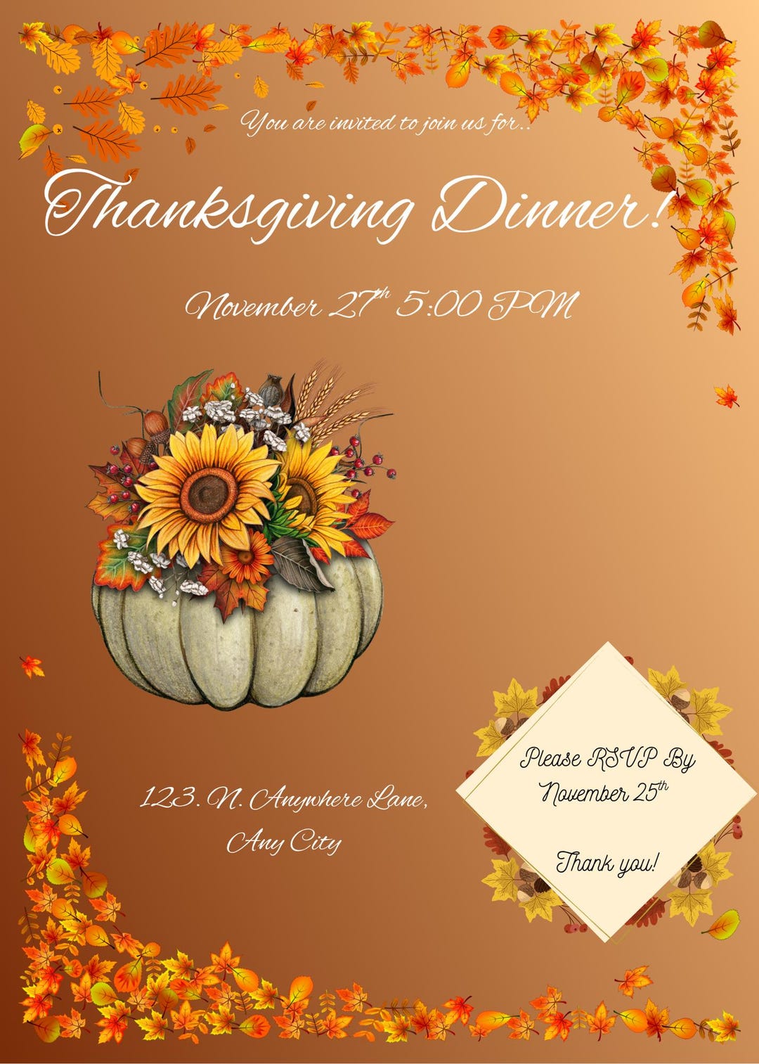 Thanksgiving Dinner Fall Theme Pumpkin Leaves Printable Editable Canva ...
