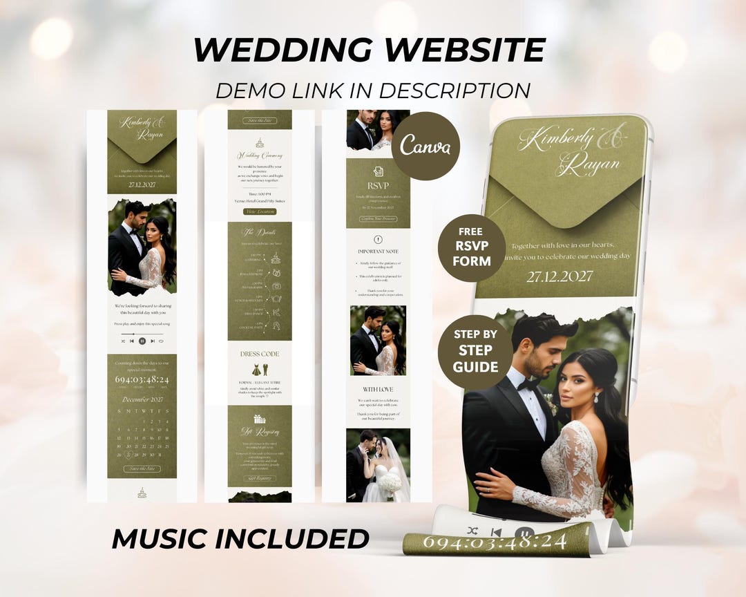 Digital Wedding Website Template Canva Marriage Design Olive Green ...