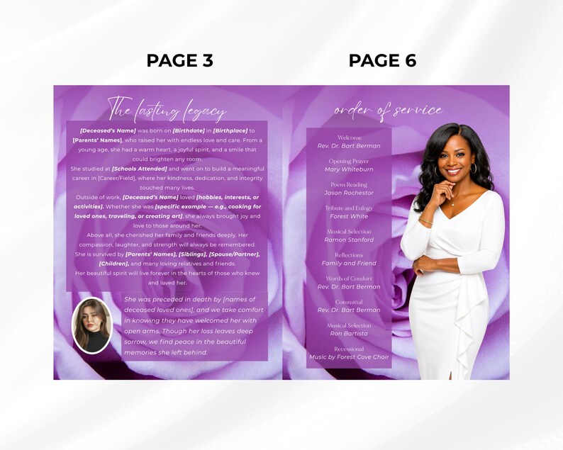 Purple Roses Funeral Program Template: 8-page Memorial (canva, Digital ...