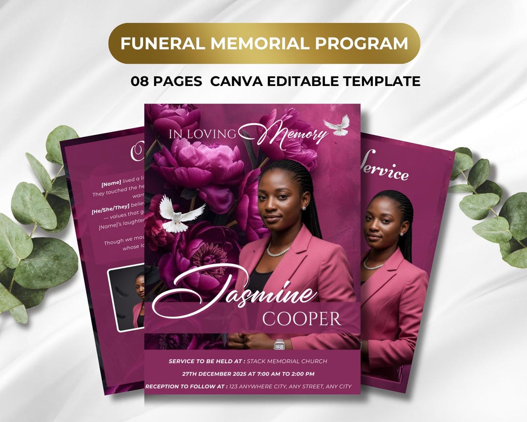 Purple Rose Funeral Program Template, Canva Editable (digital Download ...