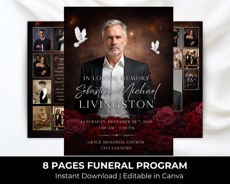 Red & Black Funeral Program Template: 8-page Memorial (canva, Digital ...