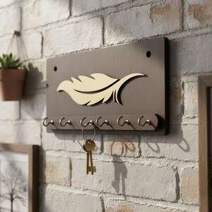 Handmade Wooden Key Holder With Feather Design | Wall Mounted Key Rack ...