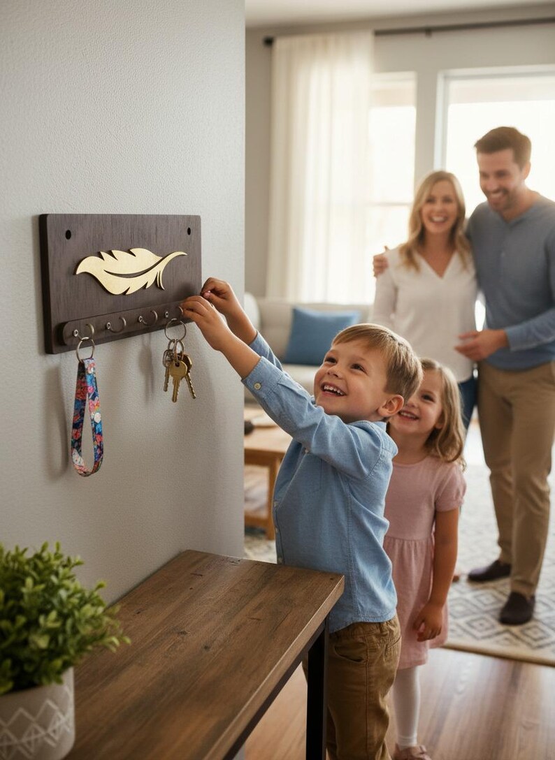 Handmade Wooden Key Holder With Feather Design | Wall Mounted Key Rack ...