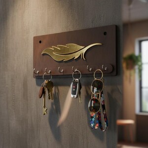 Handmade Wooden Key Holder With Feather Design | Wall Mounted Key Rack ...