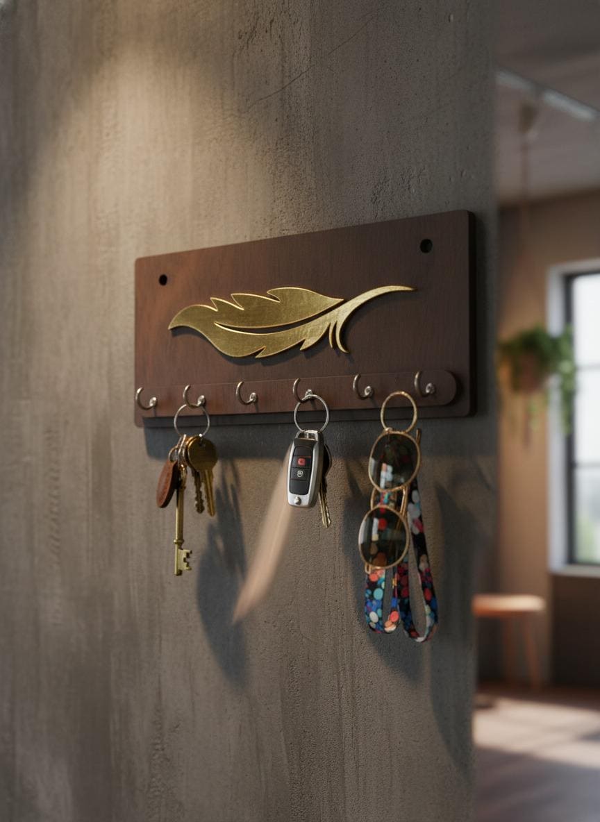 Handmade Wooden Key Holder With Feather Design | Wall Mounted Key Rack ...