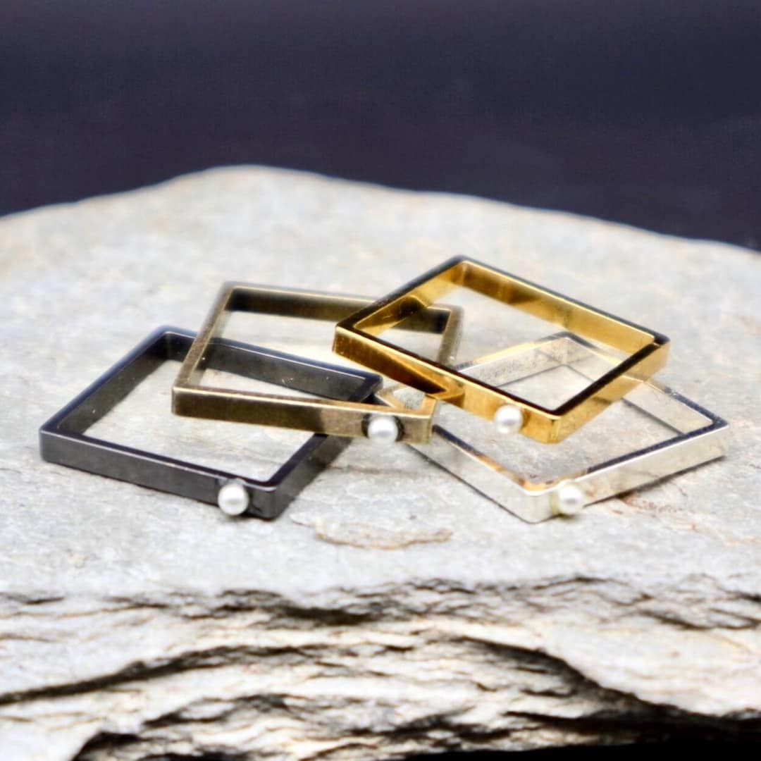 Unisex Swarovski Pearl Square Ring - Minimalist - Geometric Stackable ...