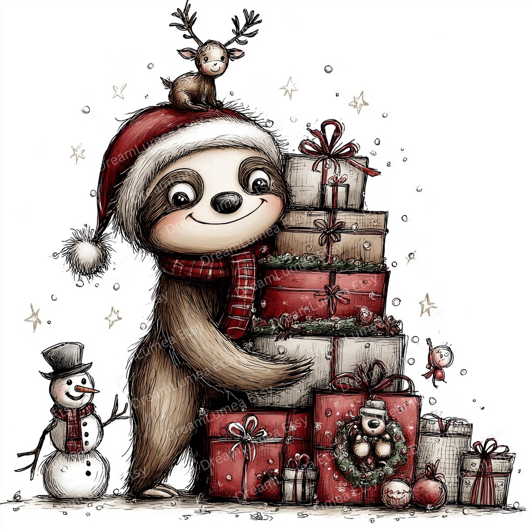Whimsical Christmas Sloths Watercolor Clipart Bundle High Resolution ...