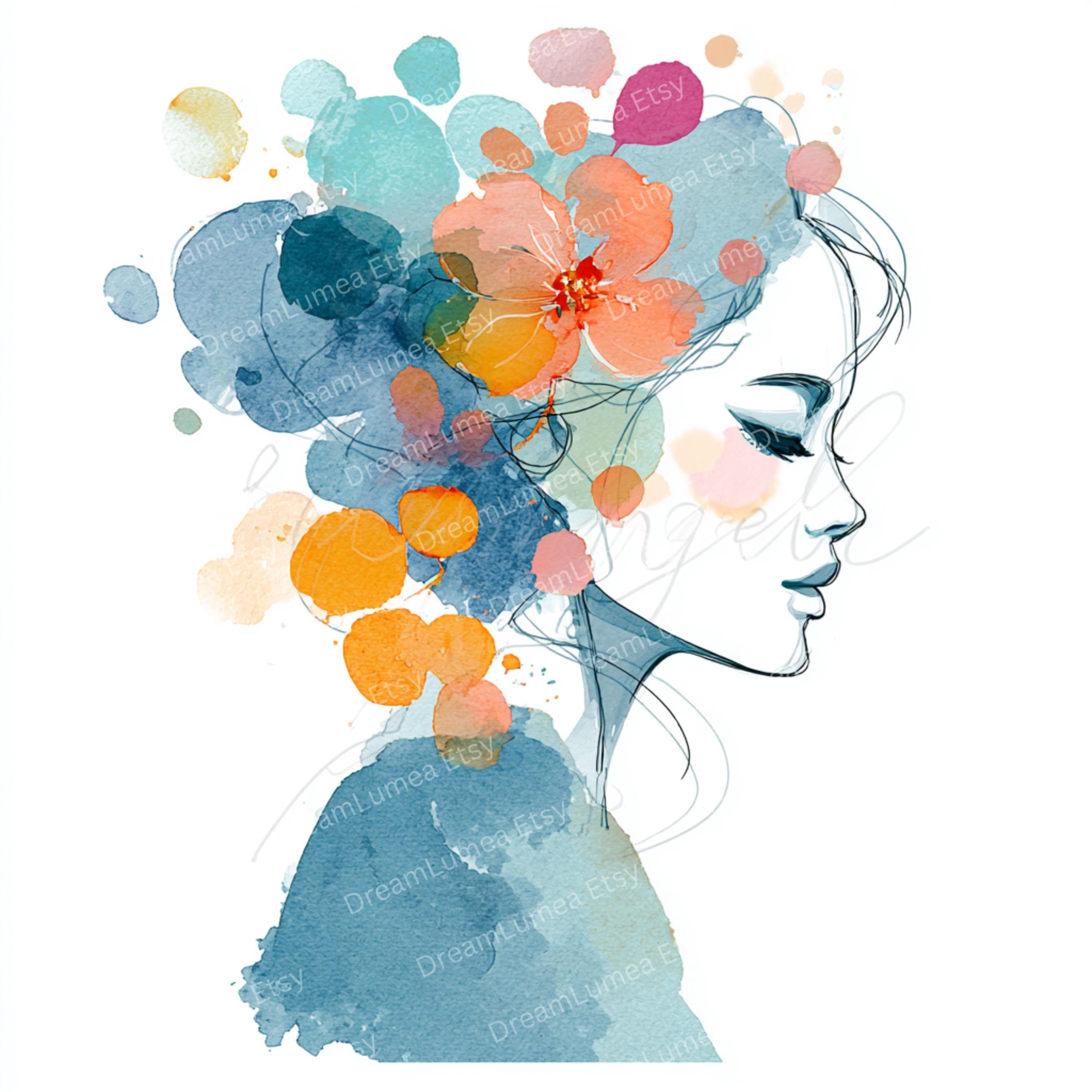 12 Floral Woman Face Clipart Watercolor & Line Art Printable JPG High ...