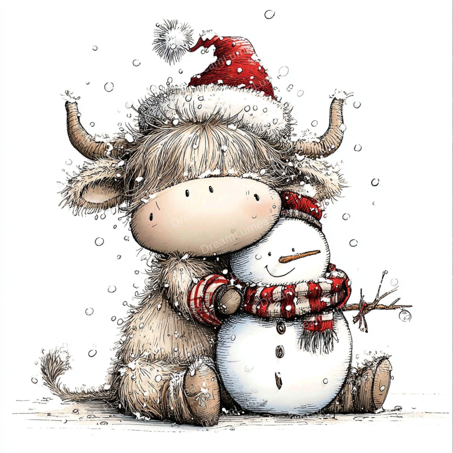 17 Highland Cow With Snowman Clipart Cozy Christmas Hugging Design ...