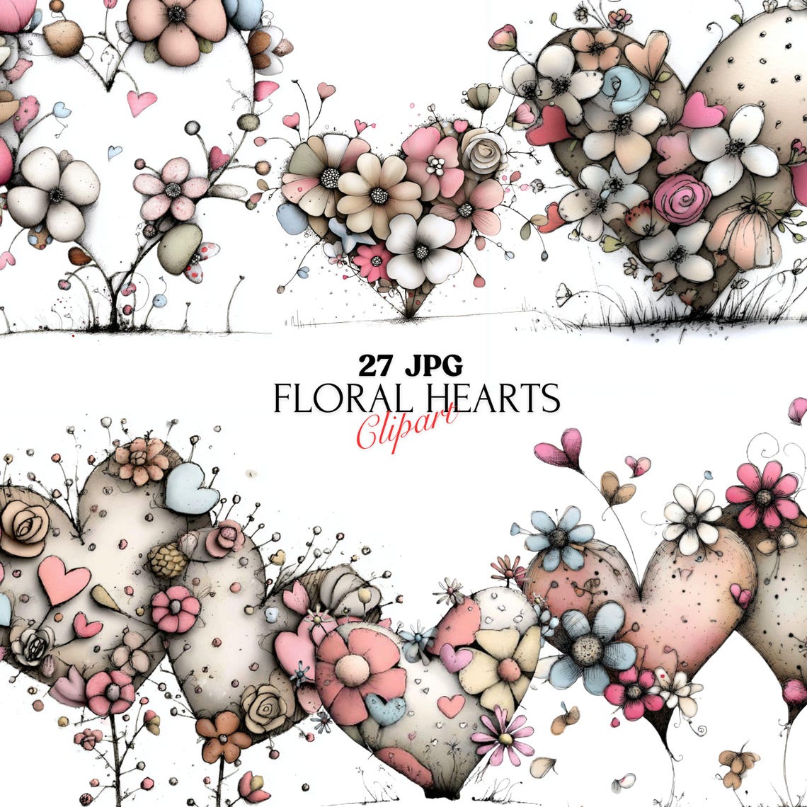 27 Whimsical Floral Hearts Clipart Bundle Valentine Day Watercolor ...