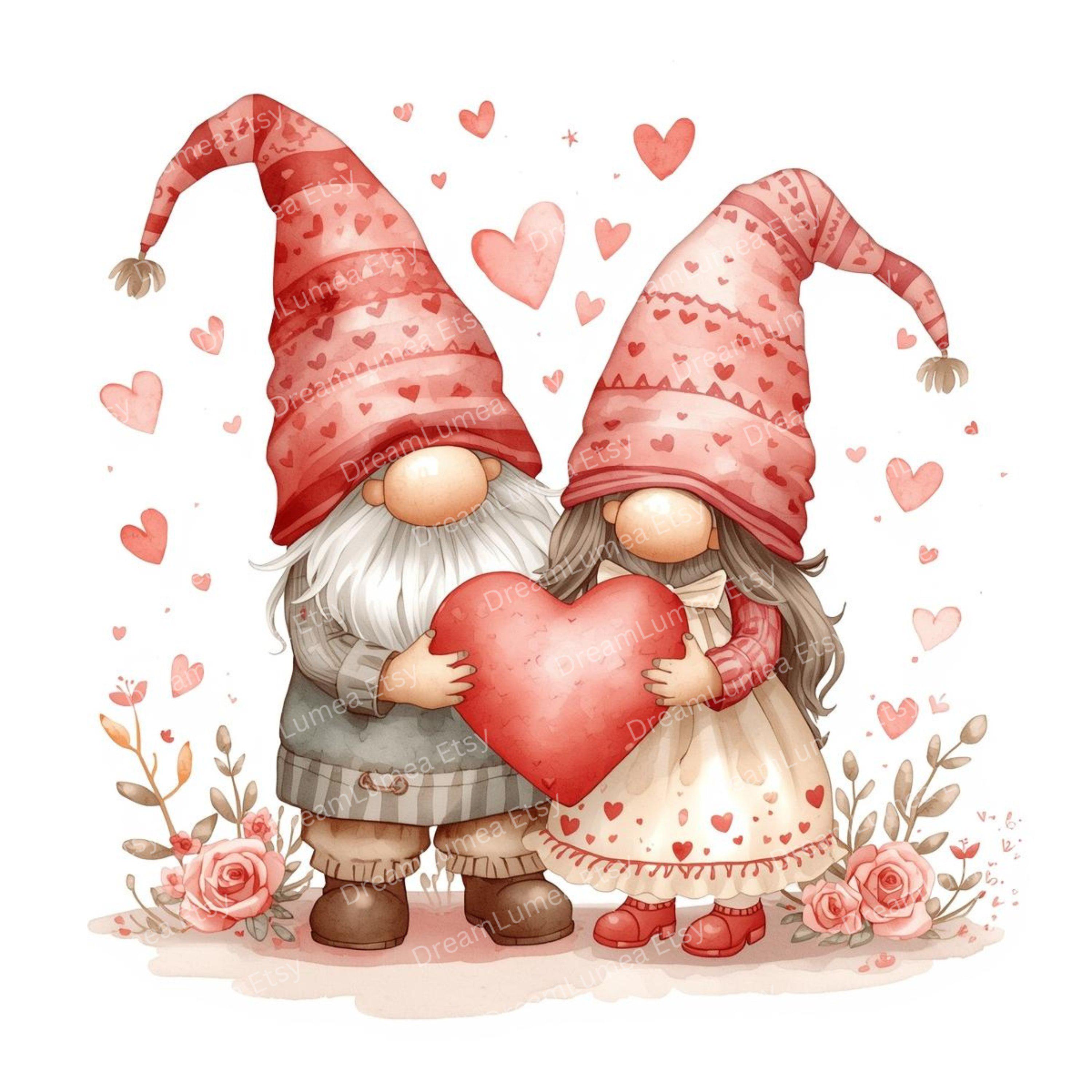 16 Valentine Gnome Couple Clipart Watercolor JPG Printable Whimsical ...