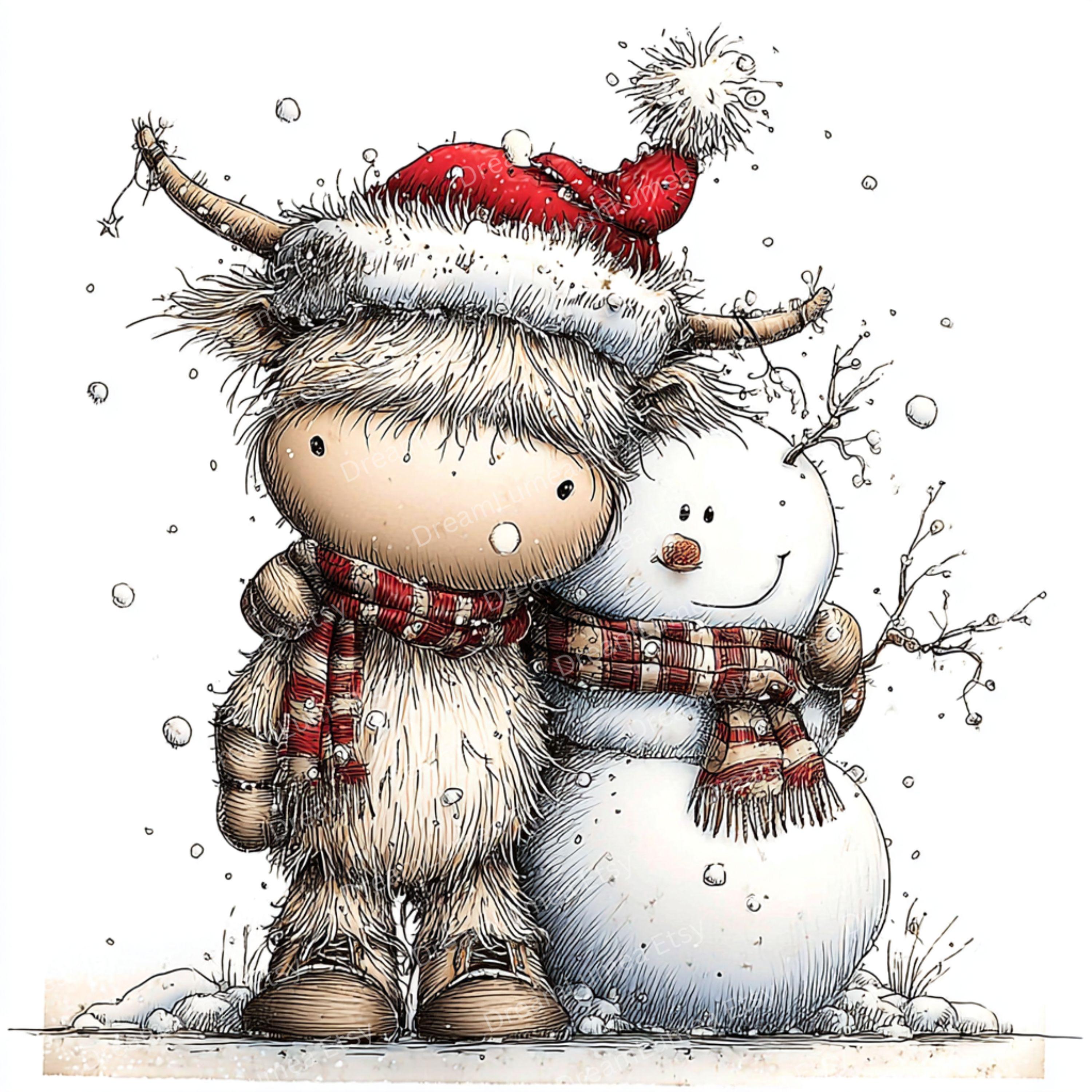 17 Highland Cow With Snowman Clipart Cozy Christmas Hugging Design ...