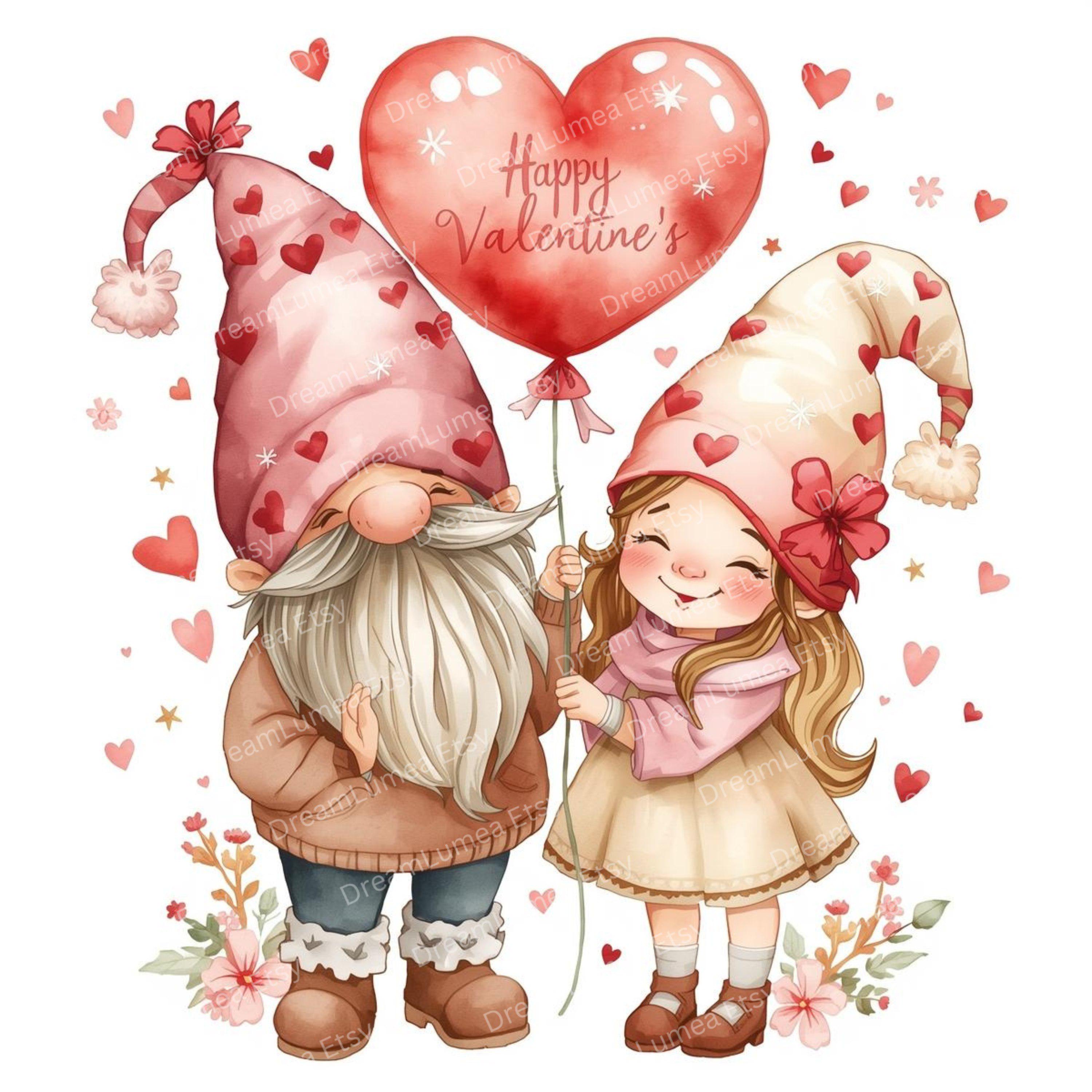 16 Valentine Gnome Couple Clipart Watercolor JPG Printable Whimsical ...