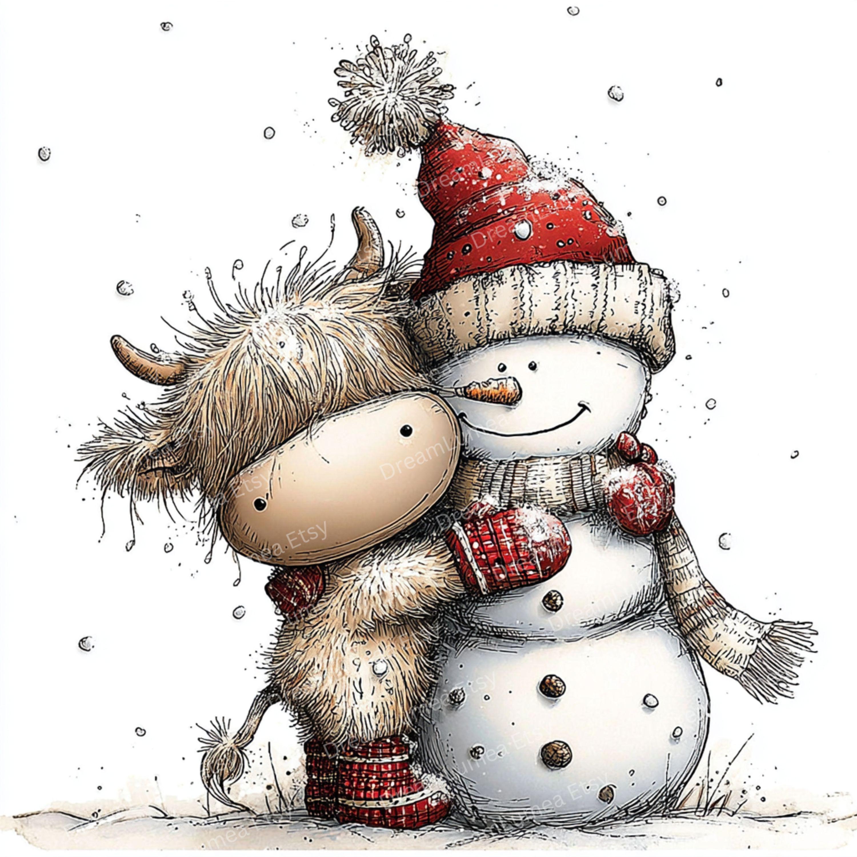 17 Highland Cow With Snowman Clipart Cozy Christmas Hugging Design ...