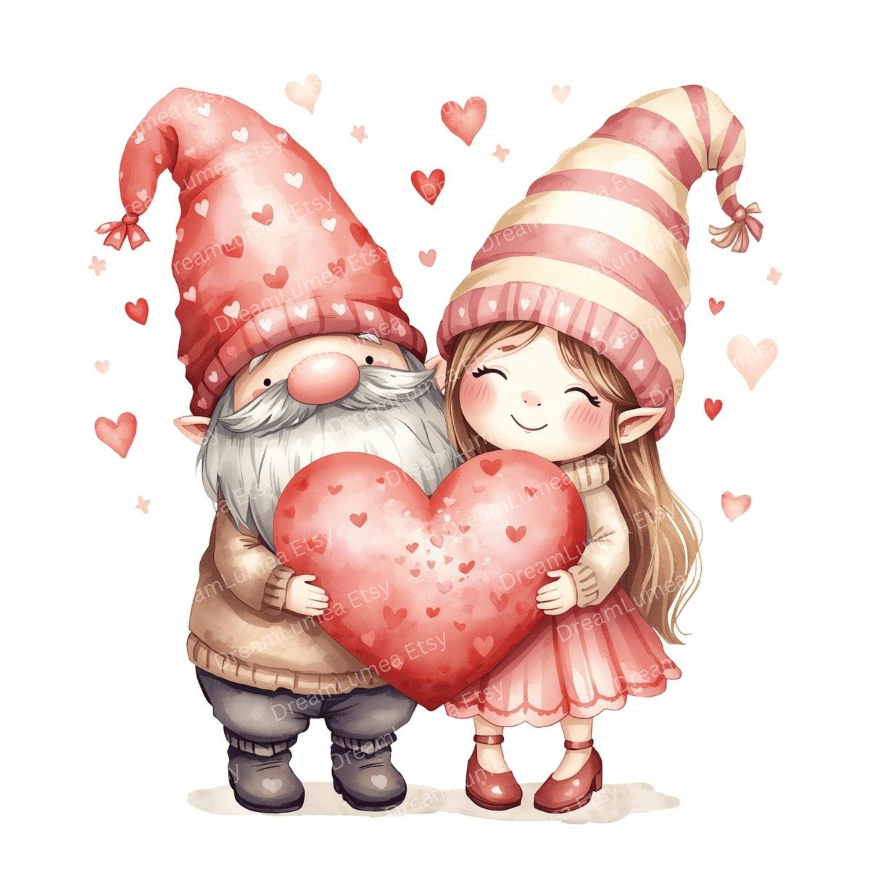 16 Valentine Gnome Couple Clipart Watercolor JPG Printable Whimsical ...