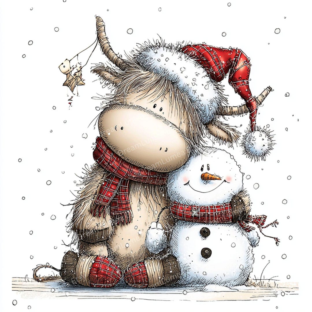 17 Highland Cow With Snowman Clipart Cozy Christmas Hugging Design ...