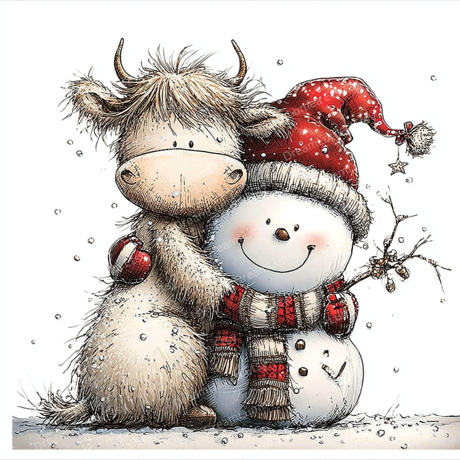 17 Highland Cow With Snowman Clipart Cozy Christmas Hugging Design ...