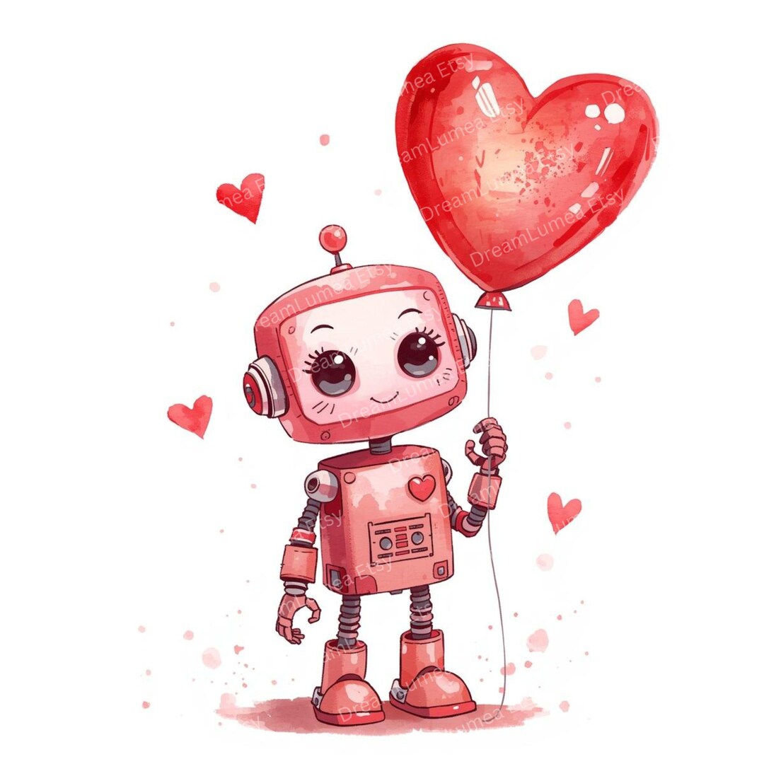 17 Whimsical Valentine Robot Clipart Watercolor JPG Printable Cute Love ...