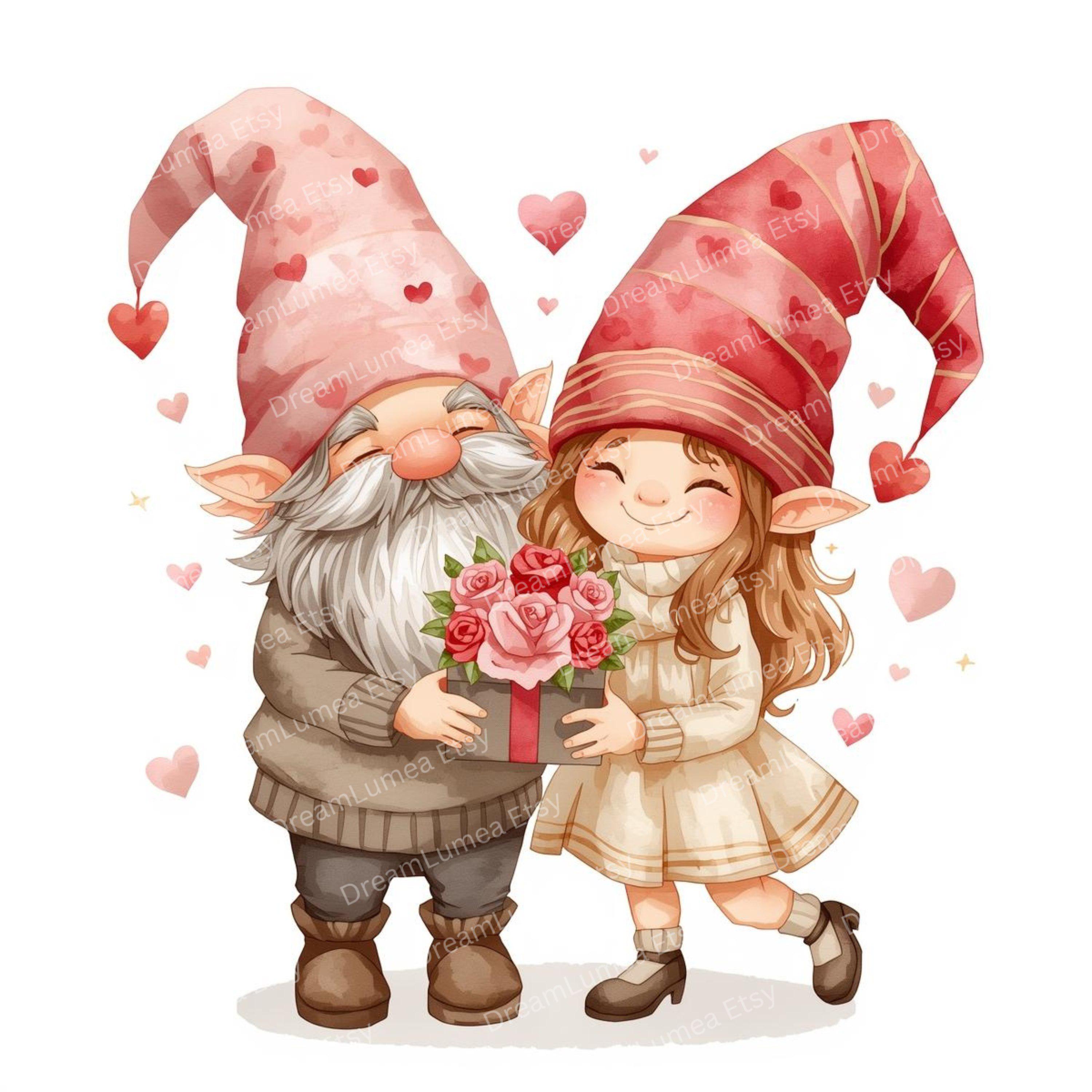 16 Valentine Gnome Couple Clipart Watercolor JPG Printable Whimsical ...
