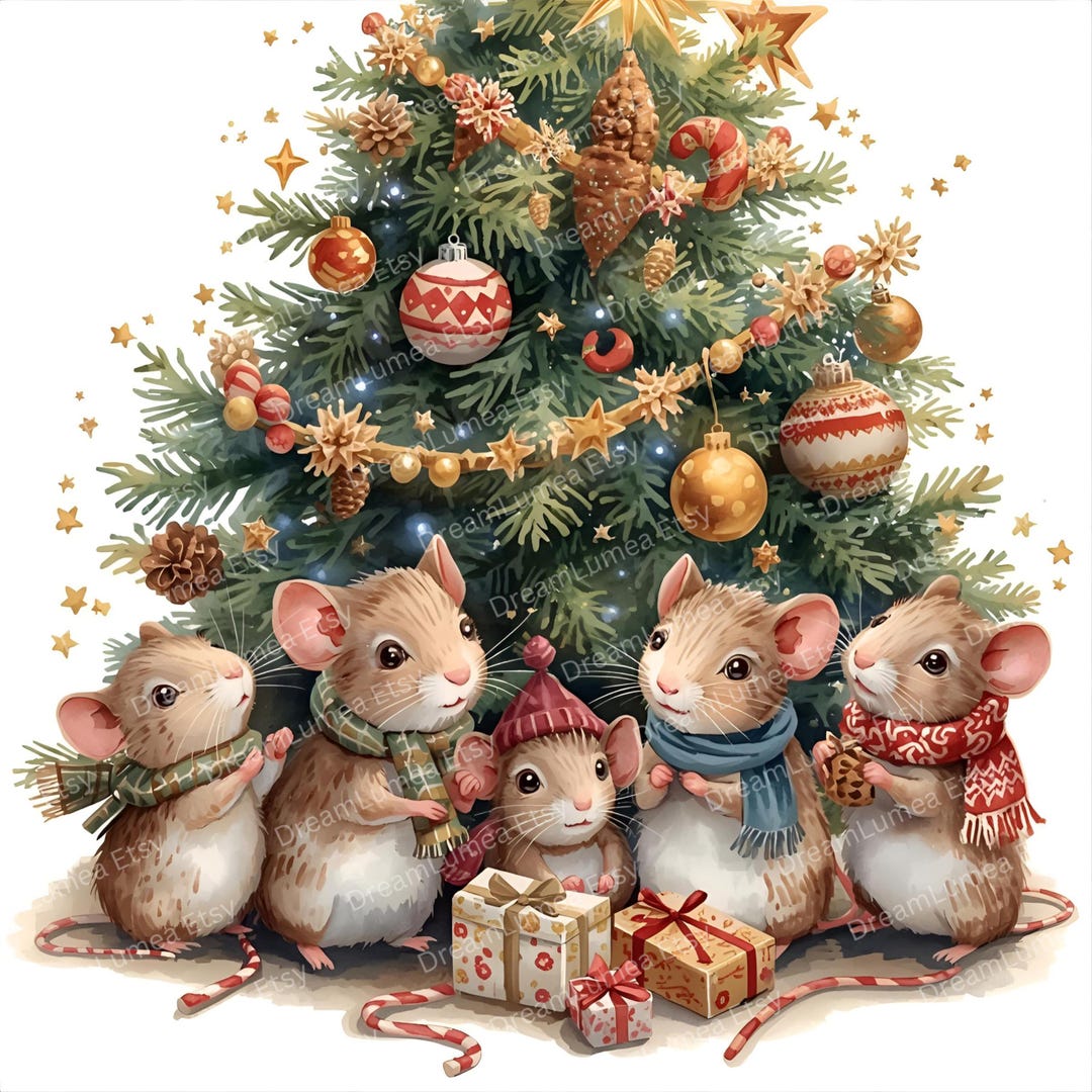 Mice Family Christmas Clipart, Watercolor Christmas Tree (digital ...