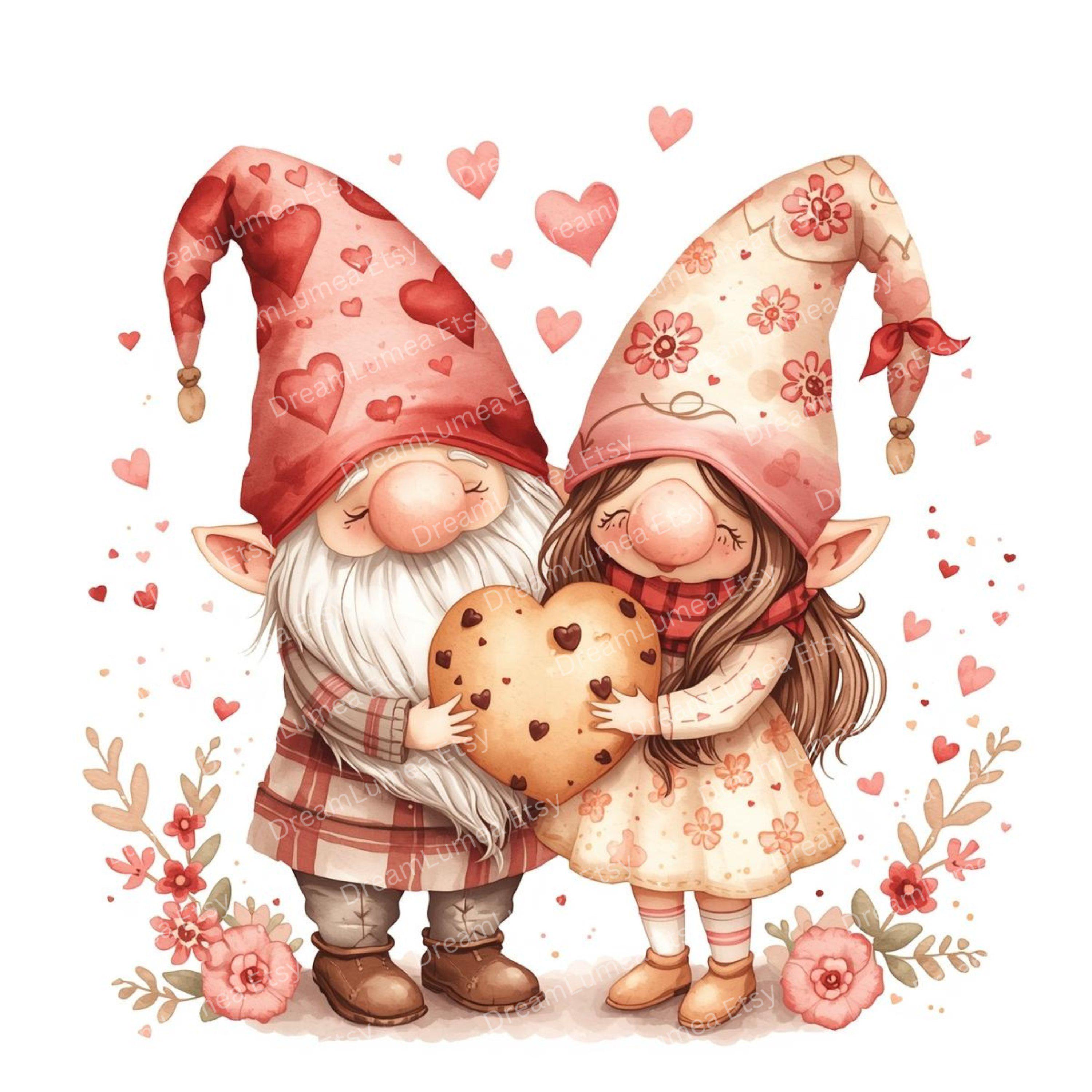 16 Valentine Gnome Couple Clipart Watercolor JPG Printable Whimsical ...