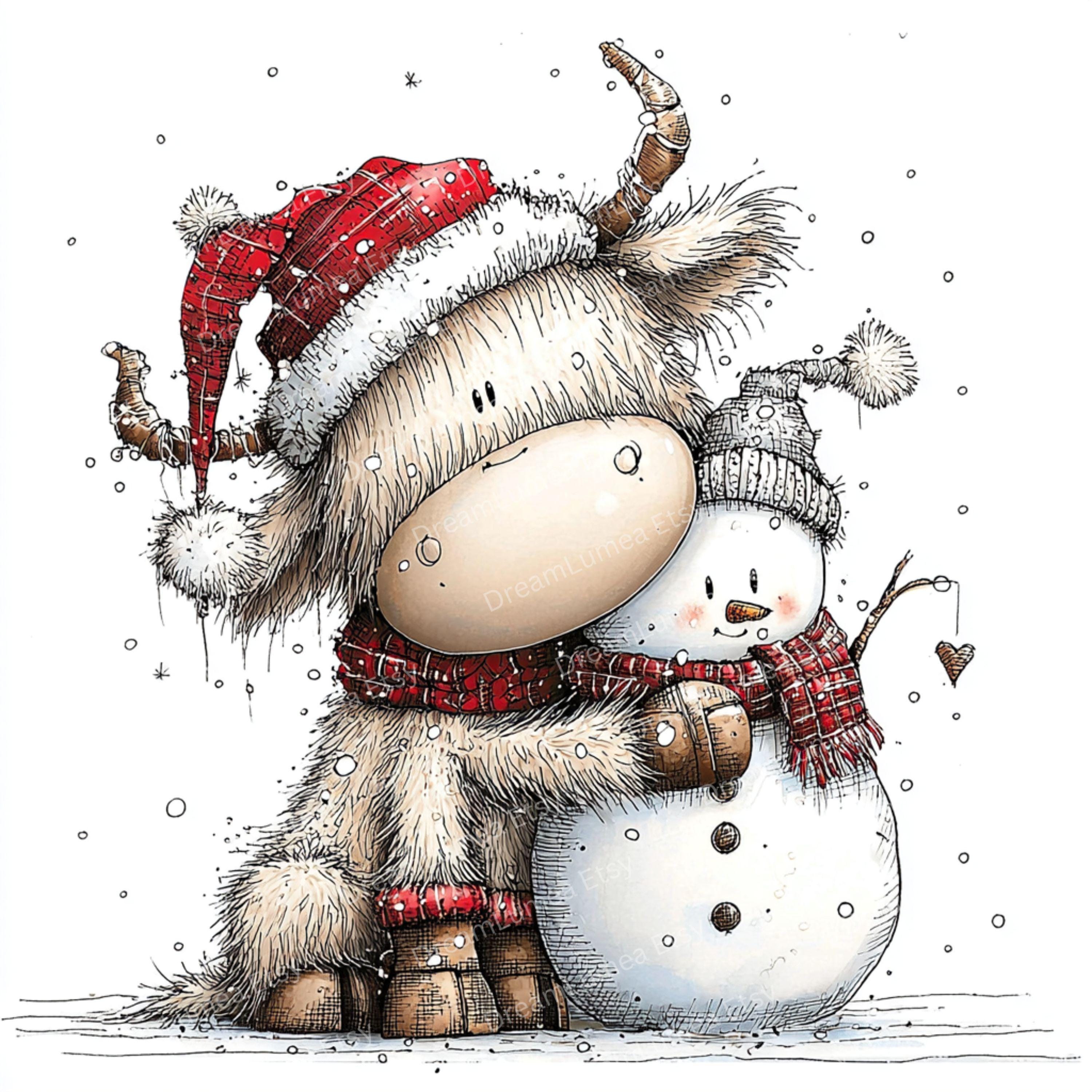 17 Highland Cow With Snowman Clipart Cozy Christmas Hugging Design ...