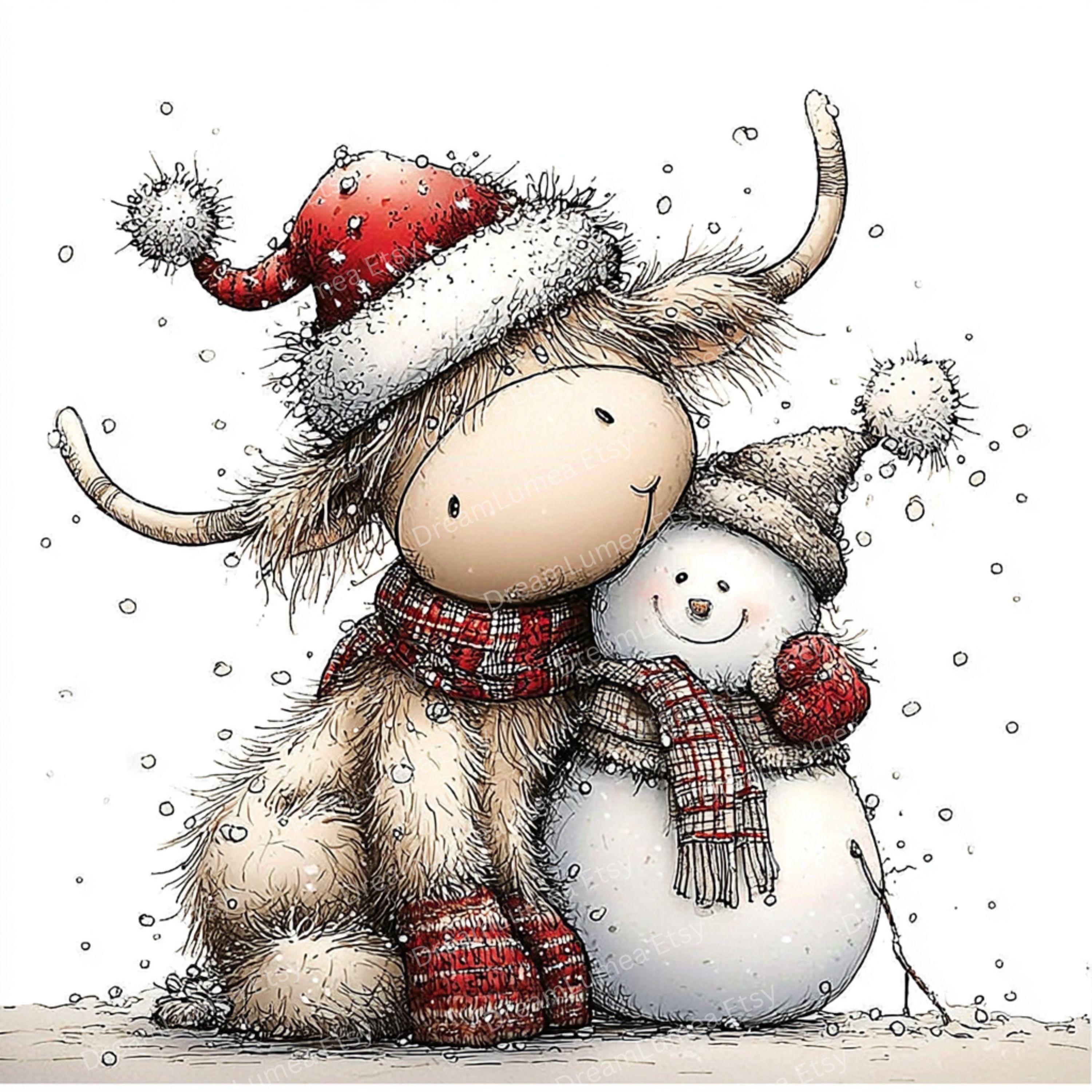 17 Highland Cow With Snowman Clipart Cozy Christmas Hugging Design ...