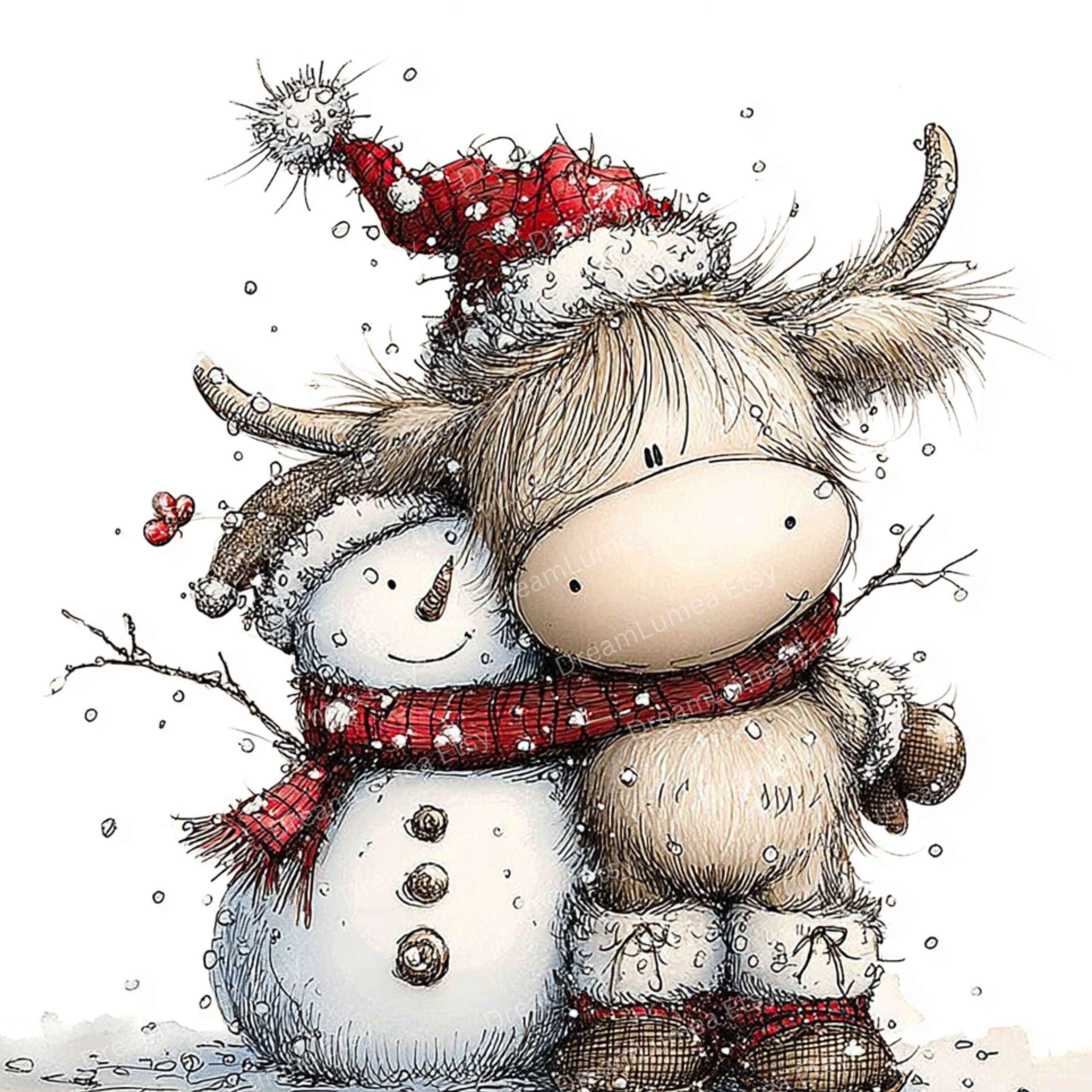 17 Highland Cow With Snowman Clipart Cozy Christmas Hugging Design ...