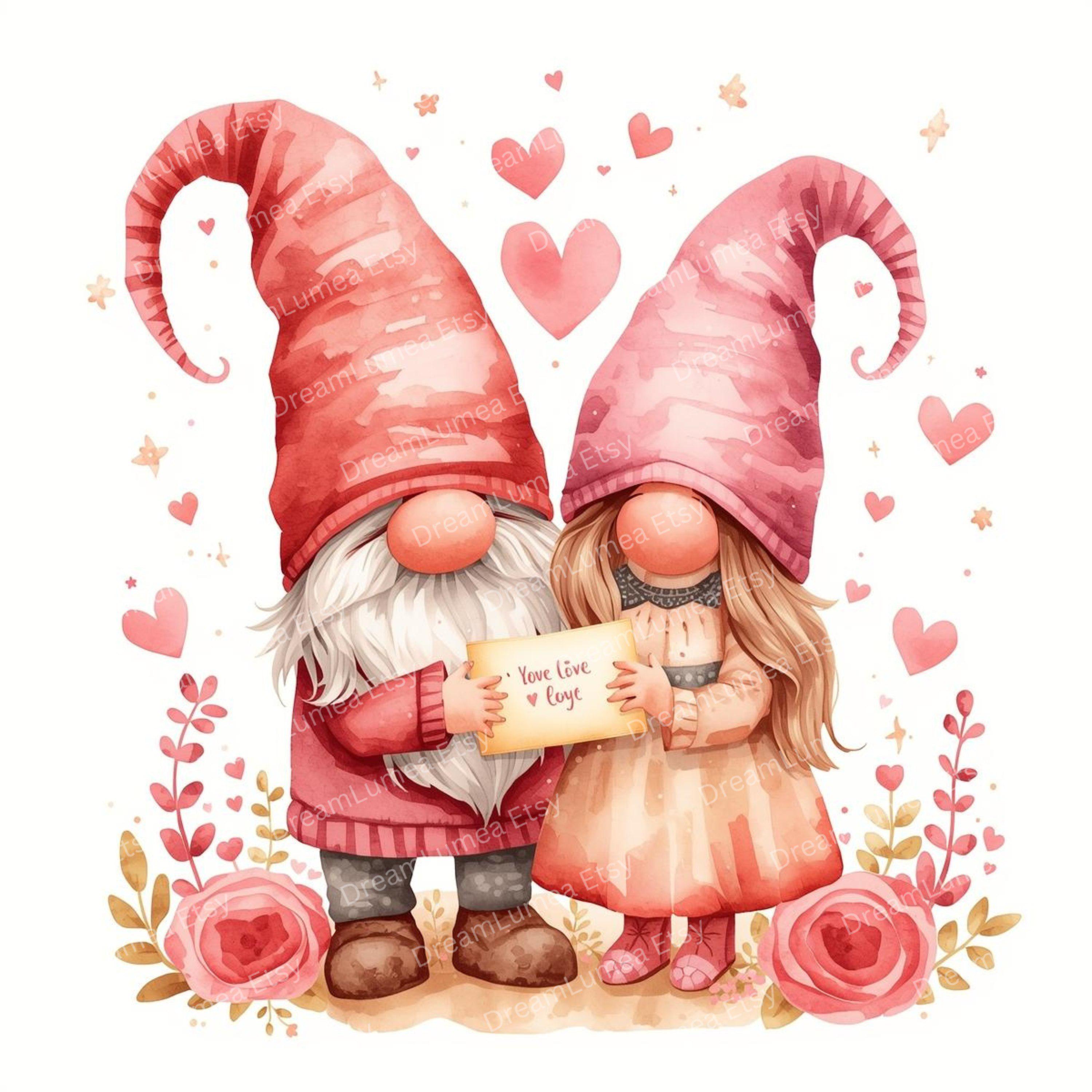 16 Valentine Gnome Couple Clipart Watercolor JPG Printable Whimsical ...