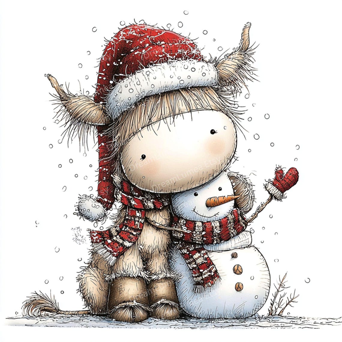 17 Highland Cow With Snowman Clipart Cozy Christmas Hugging Design ...
