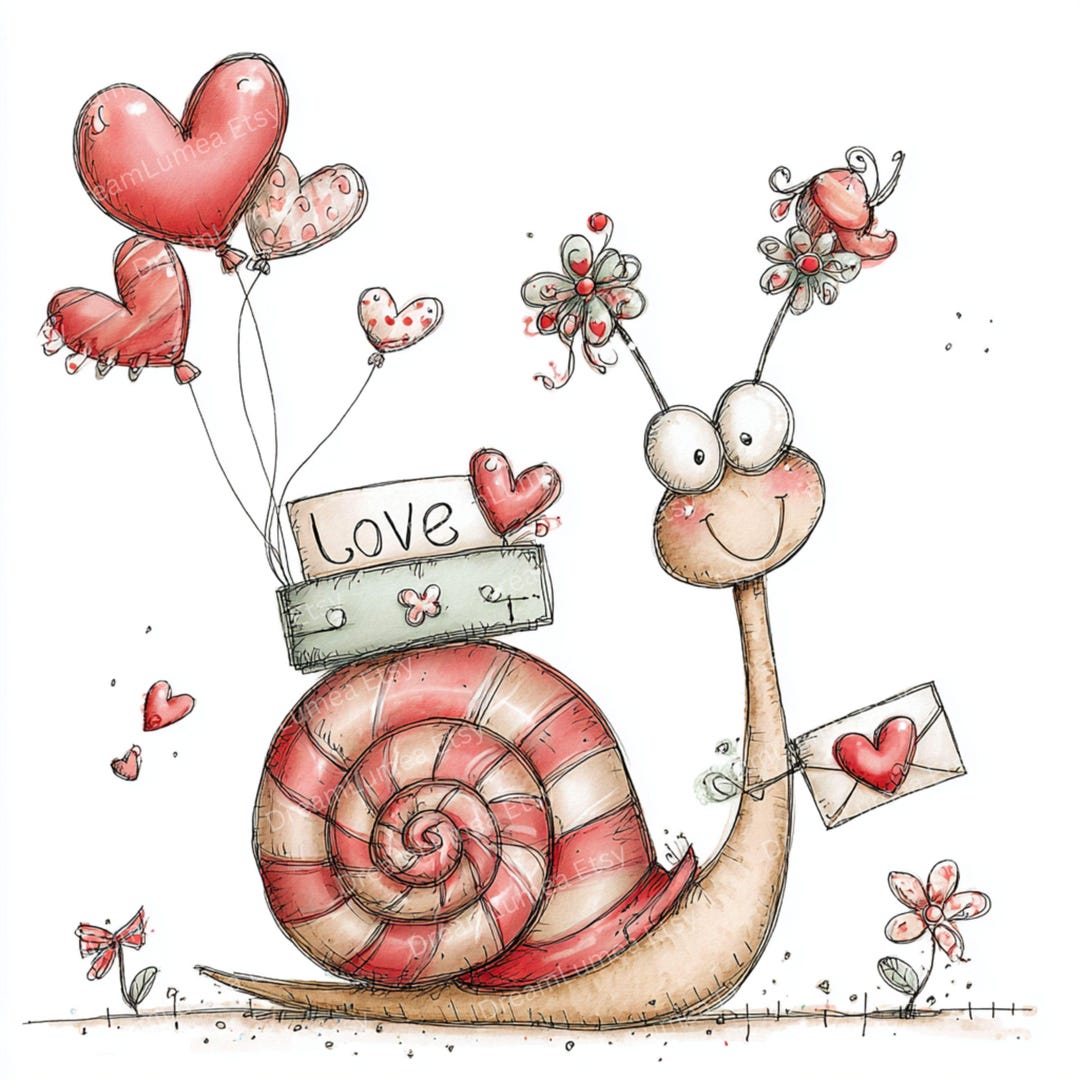 20 JPG Valentine’s Day Snail Love Clipart, Whimsical Cute Snail ...