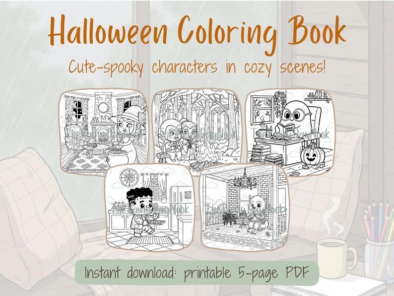 Cozy Halloween Fall Coloring Pages Printable PDF | Cute Spooky Scenes ...