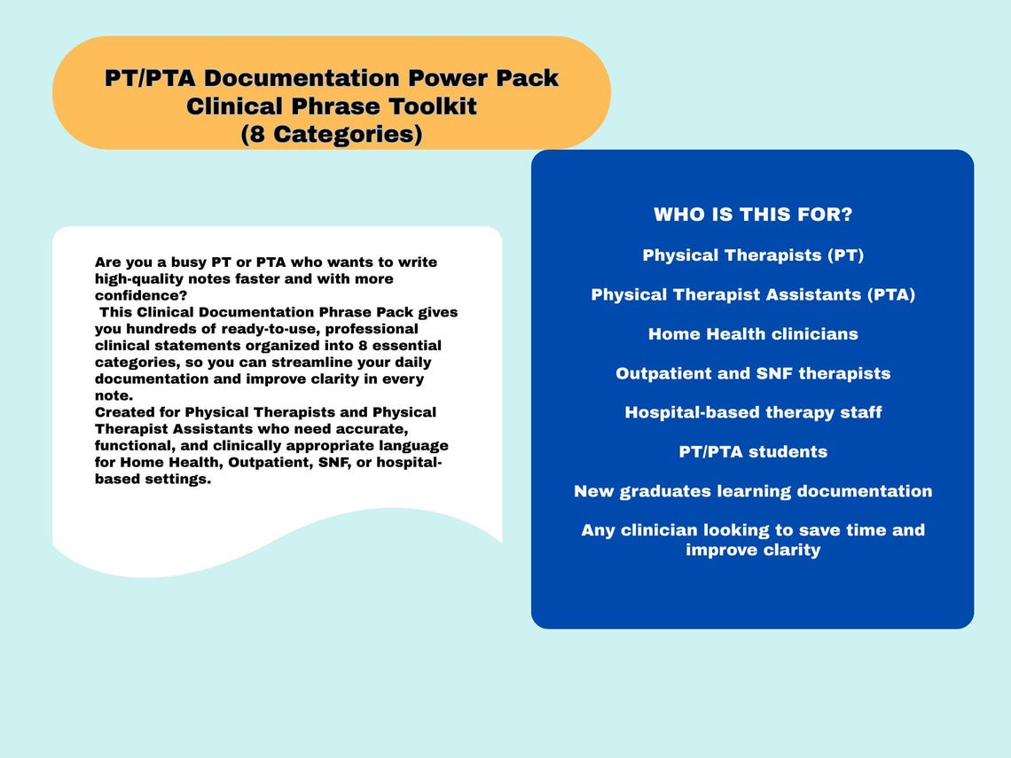 PT & PTA Documentation Toolkit / Clinical Notes Phrases Pack /8 ...