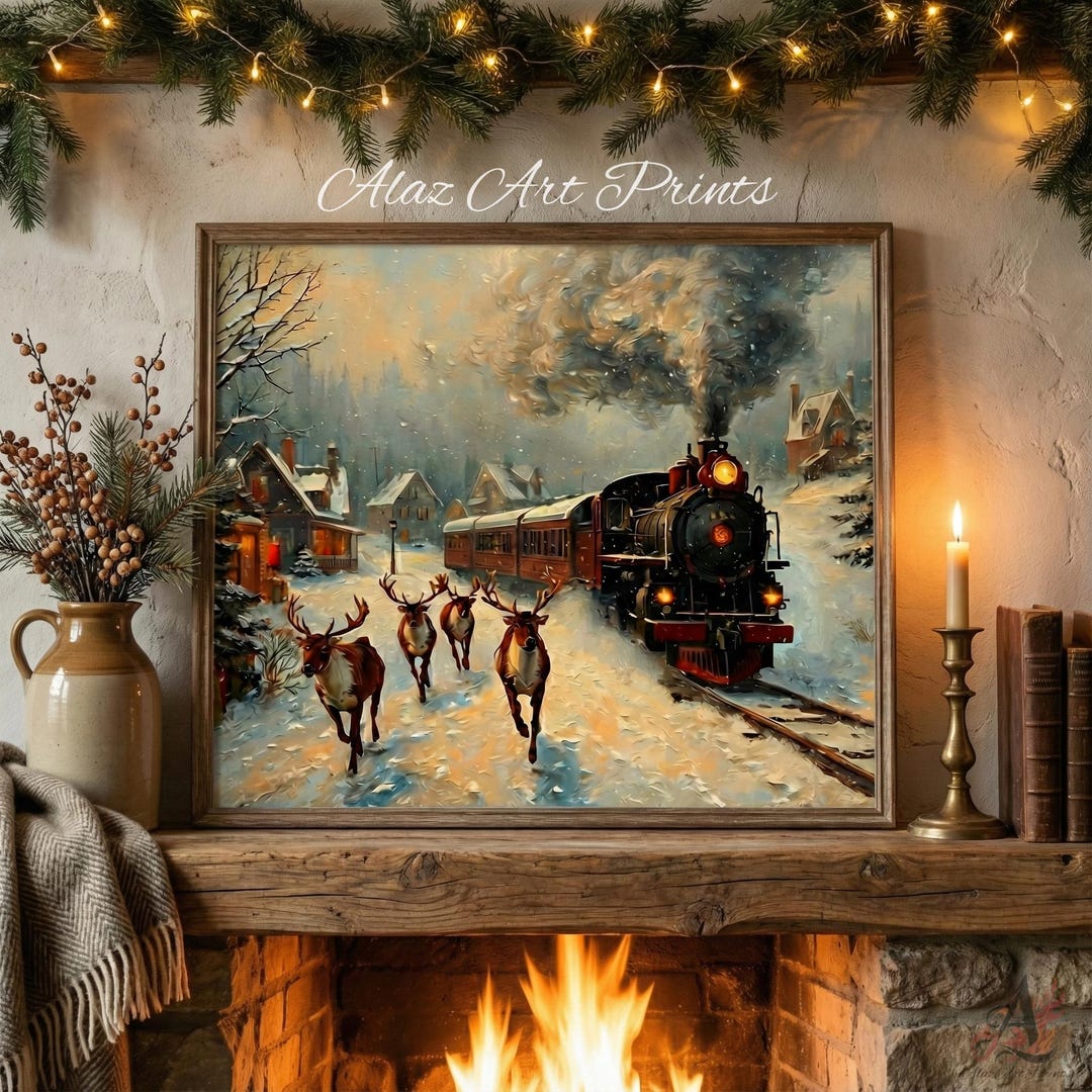 Vintage Christmas Train Print | Snowy Village Scene With Reindeer and ...