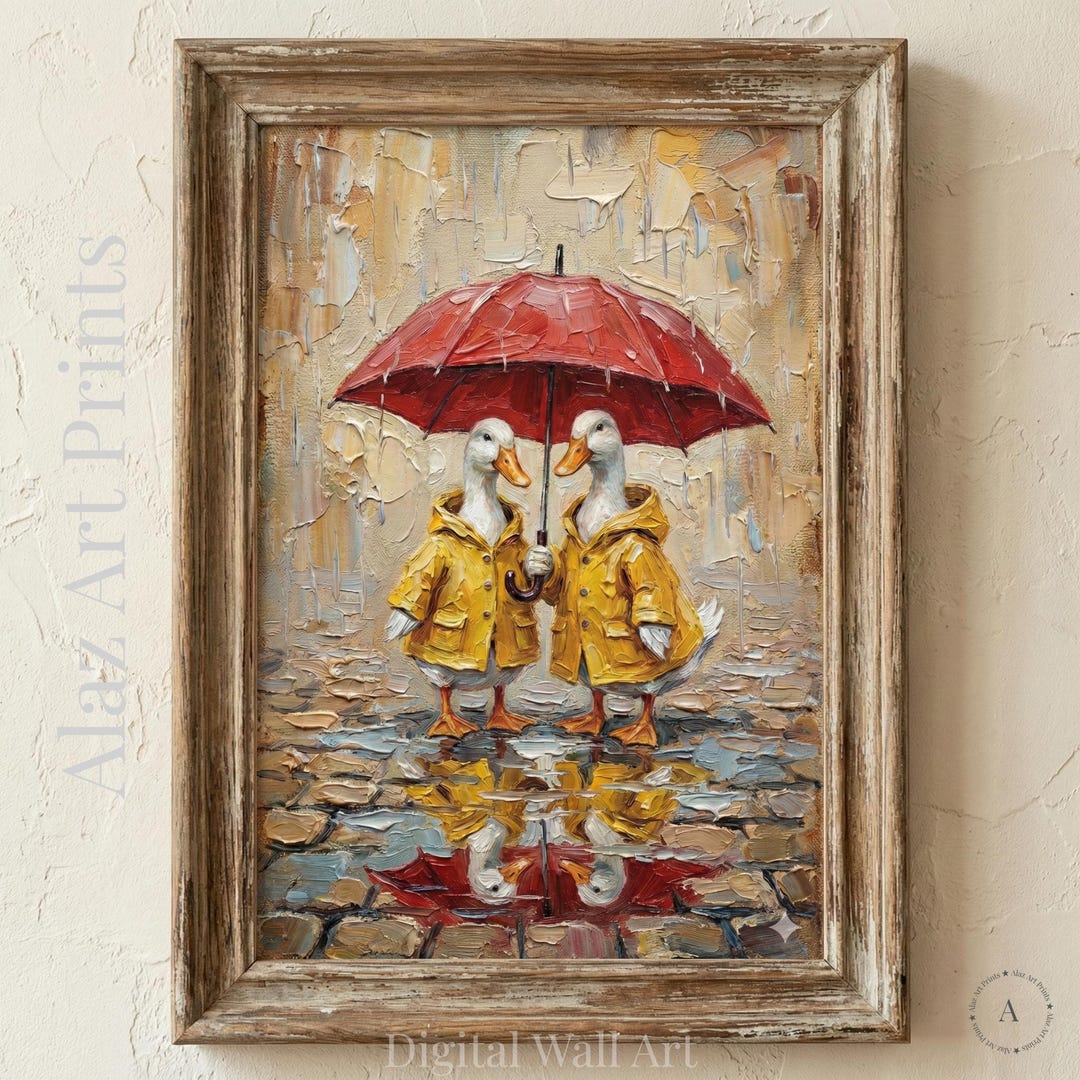 Whimsical Ducks in Raincoats Art Print, Moody Cottagecore Bathroom ...