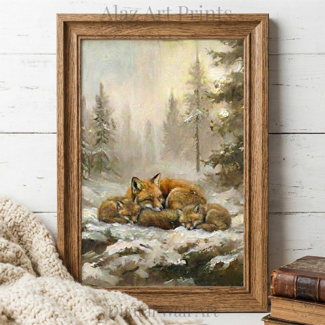 Vintage Mother and Babyfox Painting, Sleeping Fox Family Print, Cozy ...