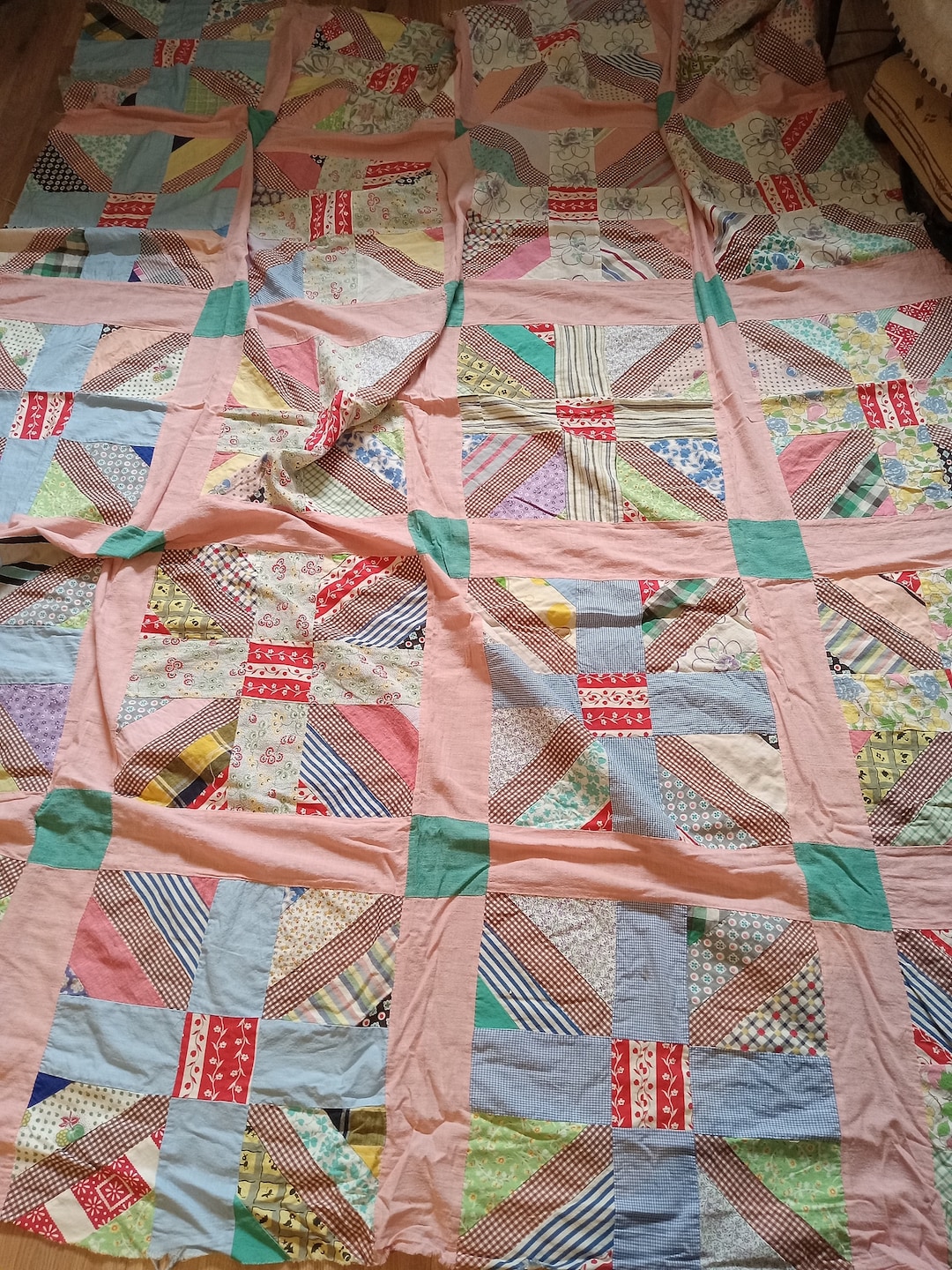 Vintage Scrap Quilt Top. Hand and Machine Sewn. 72x92 Bright ...