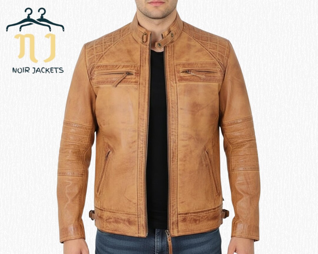 Premium Men’s Camel Quilted Leather Motorcycle Jacket With Classic ...
