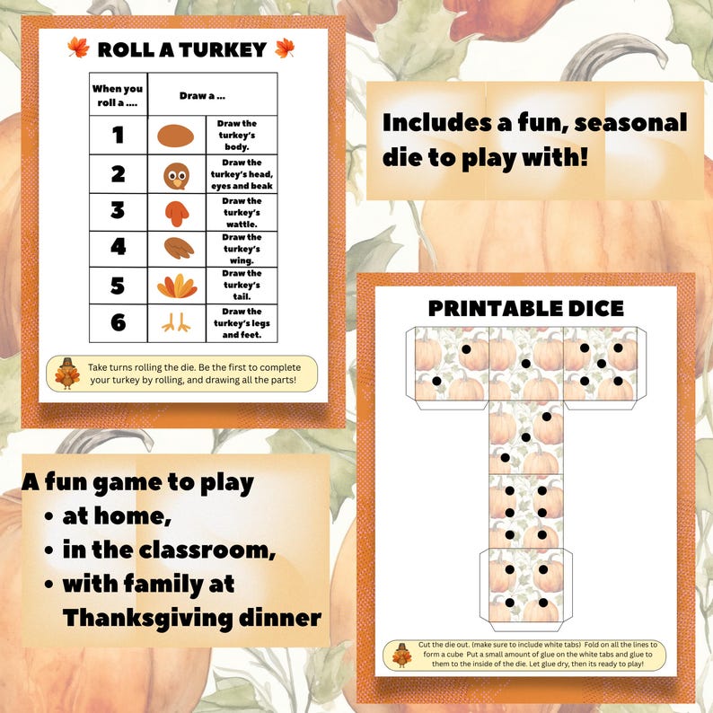 Roll a Turkey Game Printable Thanksgiving Activity - Etsy