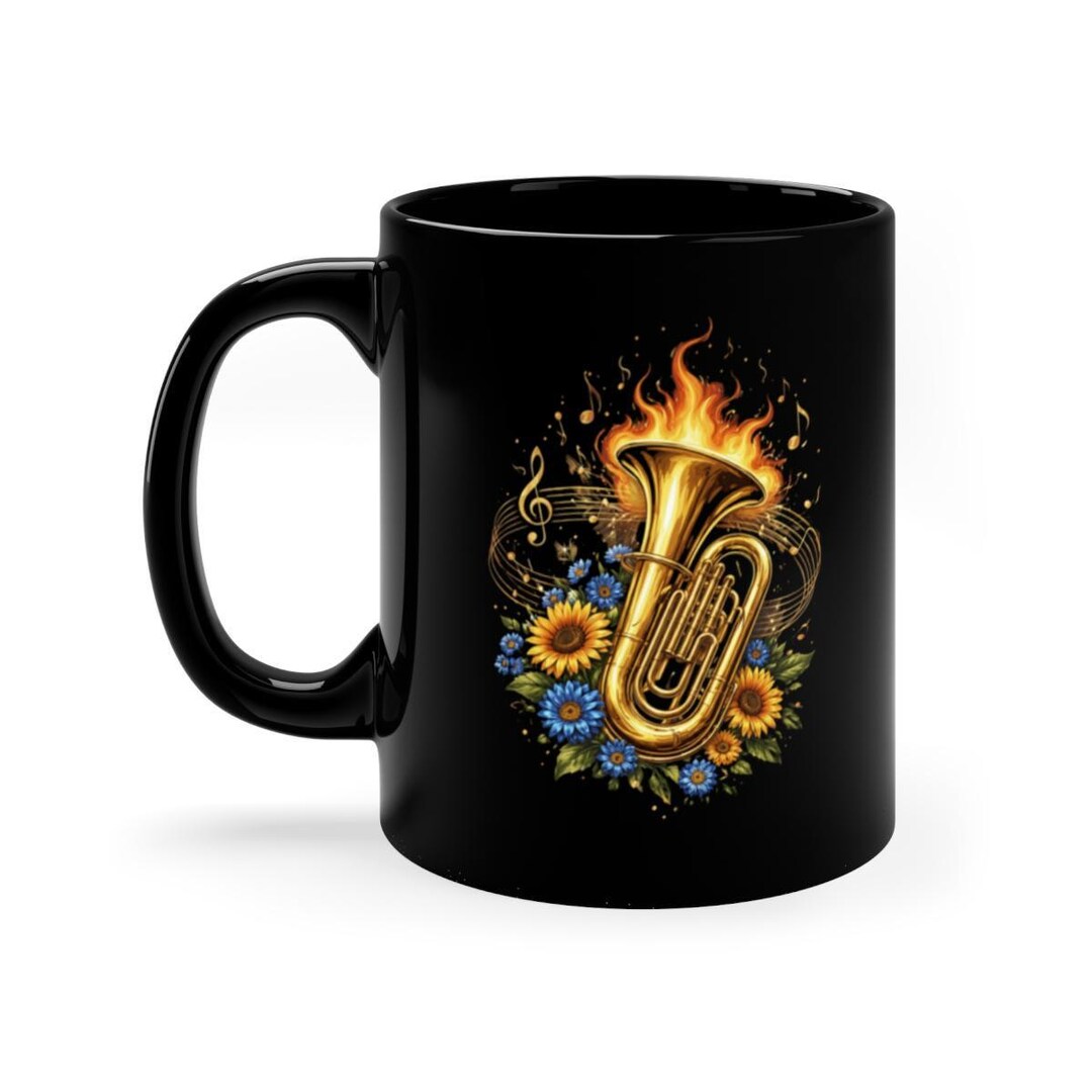 Flaming Tuba Mug, Sunflower and Notes, Unique Music Gift, Band Lover ...